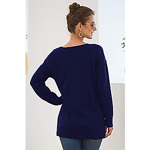 Jouica Women's Casual V Neck Long Sleeve Knit Top Loose Pullover Sweater,Navy Blue,Large