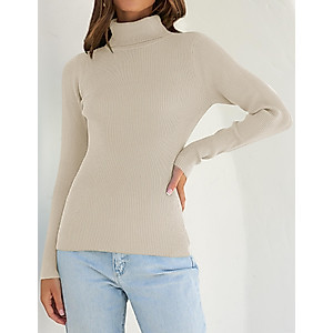 ZESICA Women's Turtleneck Long Sleeve Shirts Spring Basic Tops Slim Fitted Ribbed Knit Sweater,Apricot,Medium