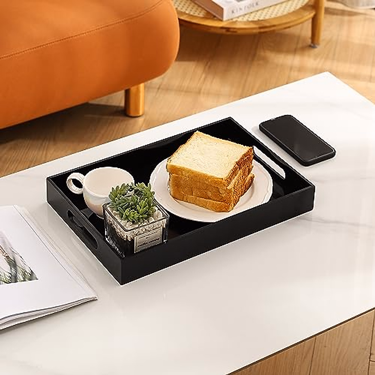 BEYLANG Glossy Black Sturdy Acrylic Serving Tray with Handles-12x20Inch-Serving Coffee,Appetizer,Breakfast,Butler-Kitchen Countertop Tray-Makeup Drawer Organizer-Vanity Table,Ottoman Tray-Decorative