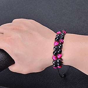 OAHERAS Beaded Bracelets for Women Triple Protection Spiritual Healing Natural Pink Tiger Eye Black Obsidian and Hematite 8mm Stone Bead Energy Crystal Bracelet - Bring Good Luck and Happiness