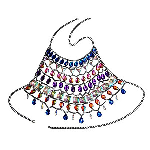 Sexy Rhinestone Bra Body Chain - Sparkly Crystal Body Jewelry - Gold Bikini Chains Top - Women Fashion Chest Accessories - Festival Rave Party Body Necklace (Colour Rhinestone Bra)