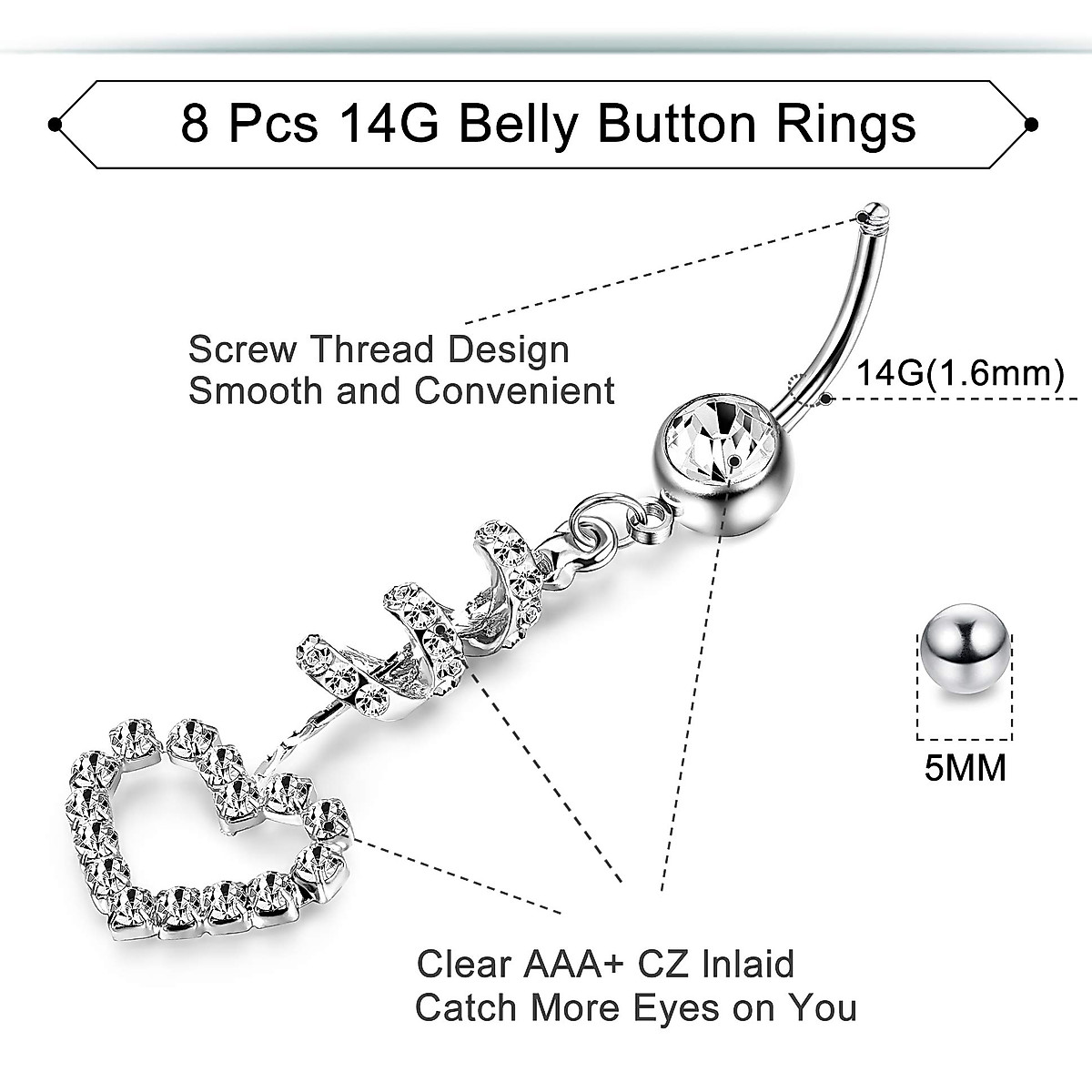 FUNRUN JEWELRY 8PCS 14 G Stainless Steel Dangle Belly Button Ring Navel Piercing Clear CZ Inlay Body Piercing Jewelry Barbell Silver Tone