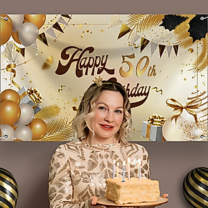 Bing-Haoze 50th Happy Birthday Backdrop-71''x44'' Gold Happy Birthday Decorations Banner Party Decorations Supplies Birthday Banner Sign for Men Women 50th Birthday Party
