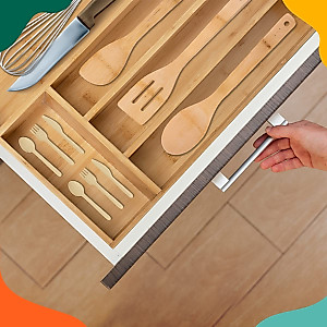 ECO SOUL Organic Bamboo Wooden Kitchen Drawer Organizer | Sturdy, Large 11' x 16' | Organizer Tray for Silverware, Cutlery, Flatware, Utensil Holder | Grooved Drawer Dividers, 6 slots