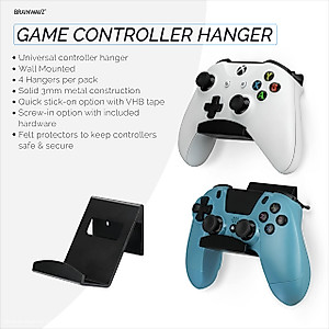 4 Pack Metal Controller Holder Stand Wall Mount for Xbox, PS5, PS4, PC & More Gaming Accessories, Adhesive & Screw Universal Fit by Brainwavz (Black)