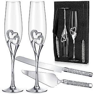 Zhehao Wedding Champagne Flutes and Cake Knife Server Set Toasting Glasses Toasting Champagne Flutes with Rhinestone Rimmed Hearts Decoration Couple Cake Cutting Set for Wedding Anniversary (Silver)