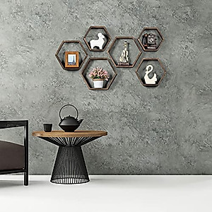 NANANARDOSO Hexagon Shelves for Wall, Pack of 6 Honeycomb Wall Shelves, Wood Farmhouse Storage Home Decor Shelf for Bathroom, Living Room, Office, Bedroom, Driftwood Finish, Brown.