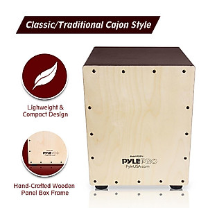 Pyle Stringed Birch Wood Compact Acoustic Jam Cajon - Wooden Hand Drum Percussion Box with Internal Guitar Strings, Deep Bass, Classic Slap, and Crackle Sound - For Kids, Teens, and Adults - PCJD16