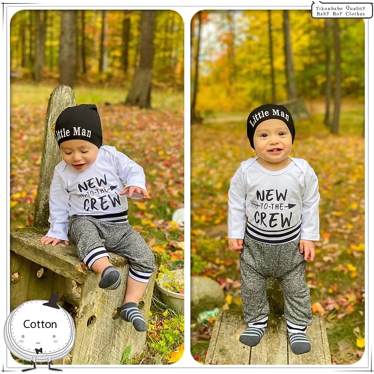 Tikoubabe Newborn Baby Boy Outfits Clothes Infant Cute Hipster Romper + Long Pants + Hat 3 Pcs New To The Crew Grey 0-3 Months 70cm