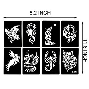 Kotbs 4 Sheets Temporary Tattoo Stencils, 32pcs Animal Patterns Henna Tattoo Stencil Kit Temporary Glitter Airbrush Tattoo Stencils Arabian Tattoo Stickers for Face Body Paint Art