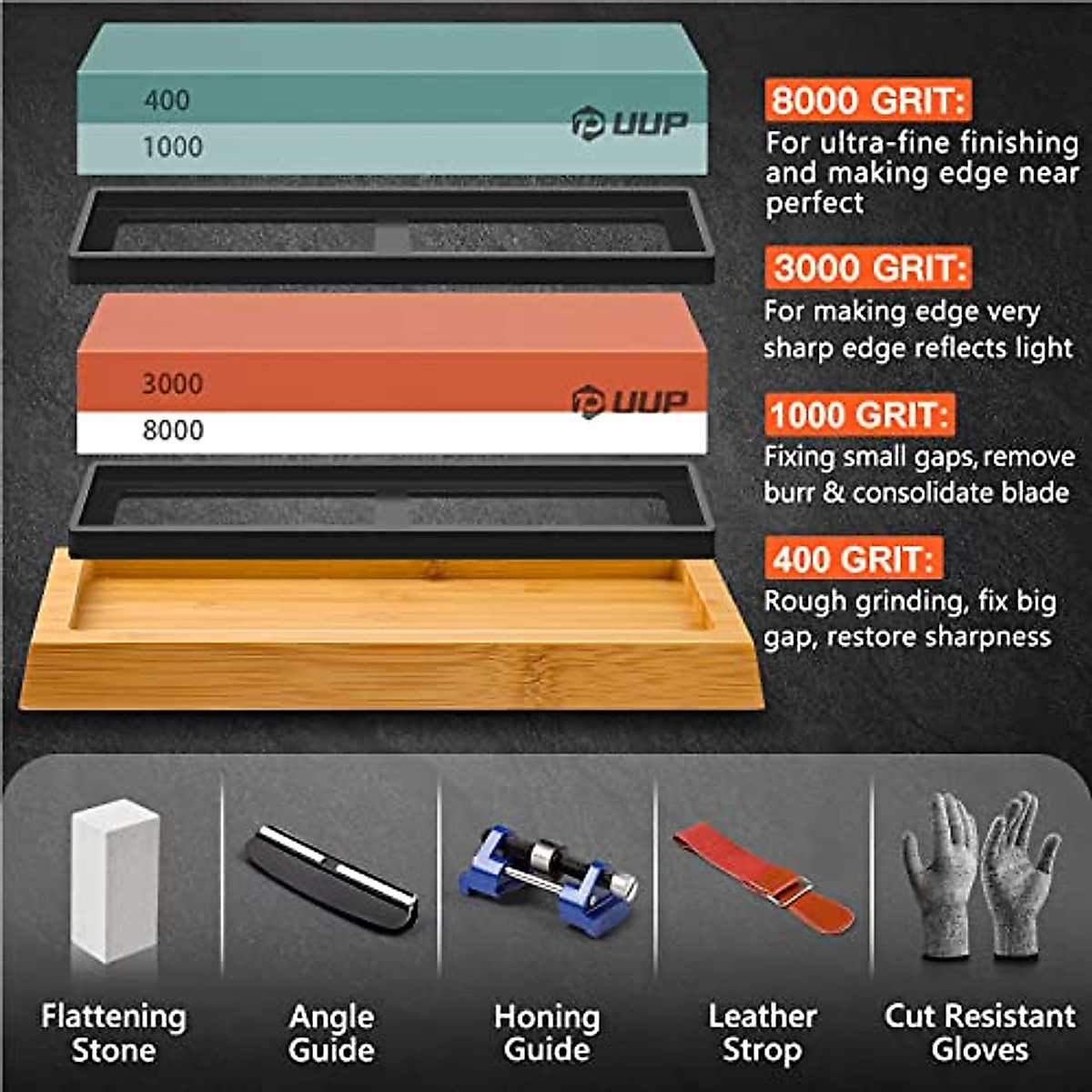 9PCS Knife Sharpening Stones, UUP Whetstone Sharpener Kit with Premium 4 Sides 400/1000 3000/8000 Grit Wet Stone Set, Leather Strop, Angle Guide, Flattening Stone, Gloves, Honing Guide for Knives