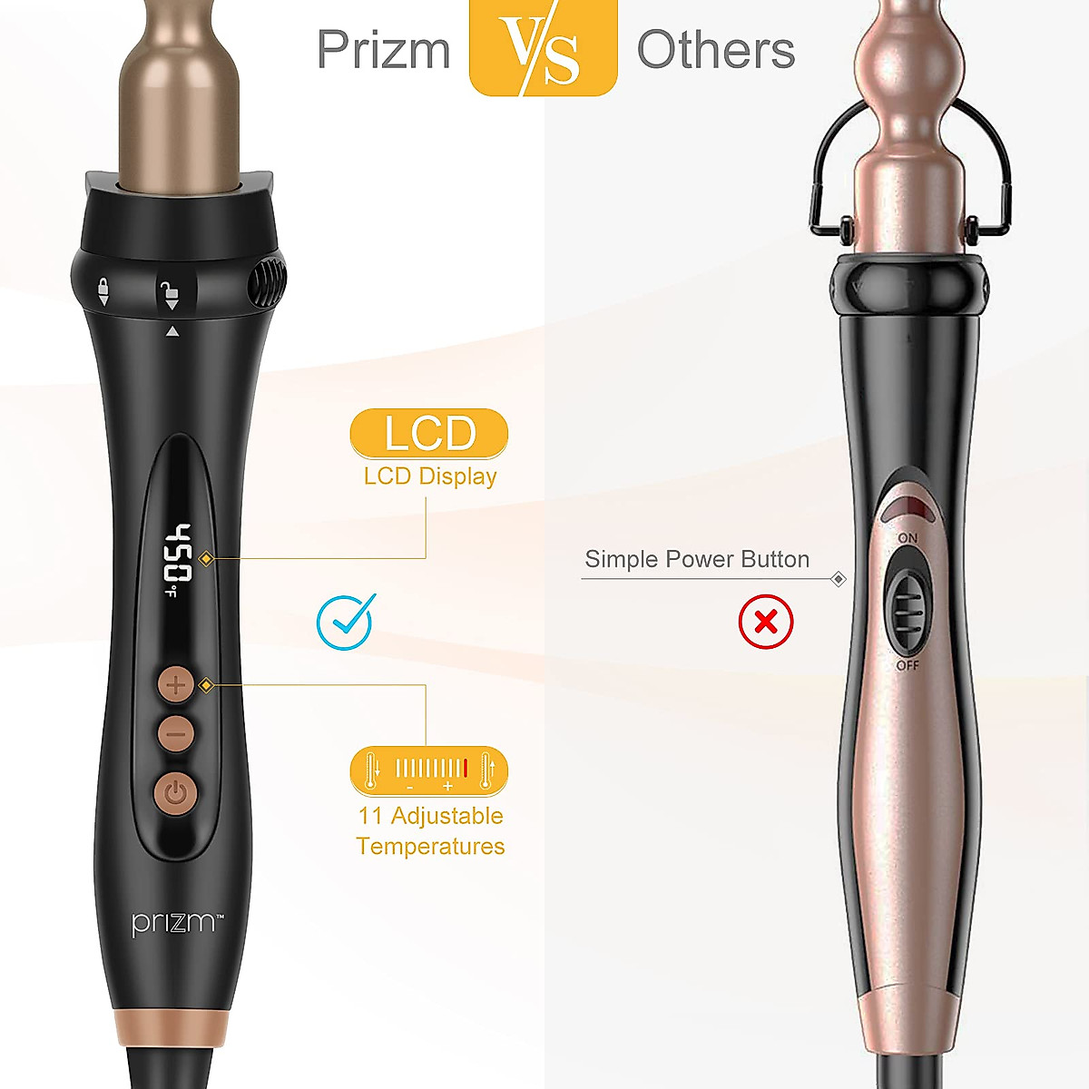 Prizm 5 in 1 clampless Interchange Curling Iron Wand Set, LED Display, 11 Temp Settings, 0.6 to 1.25 Inch Tourmaline Ceramic Barrels, Hair Curler for Wavy/Bang/Ringlet/Spiral with Heat Resistant Glove