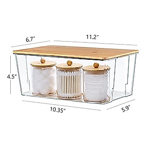 Hudgan Plastic Storage Containers with Bamboo Lids, Medicine Cabinet Organizer Drawer Organizers Clear Bins with Lids for Organizing Pantry or Bathroom - 4.5 Inches Tall - Set Of 4