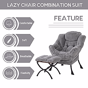 LITA Lazy Chair with Ottoman, Modern Accent Leisure Upholstered Sofa Chair, Contemporary Lounge Reading Chair with Armrests and a Side Pocket for Living Room, Bedroom & Small Space, Plush Grey