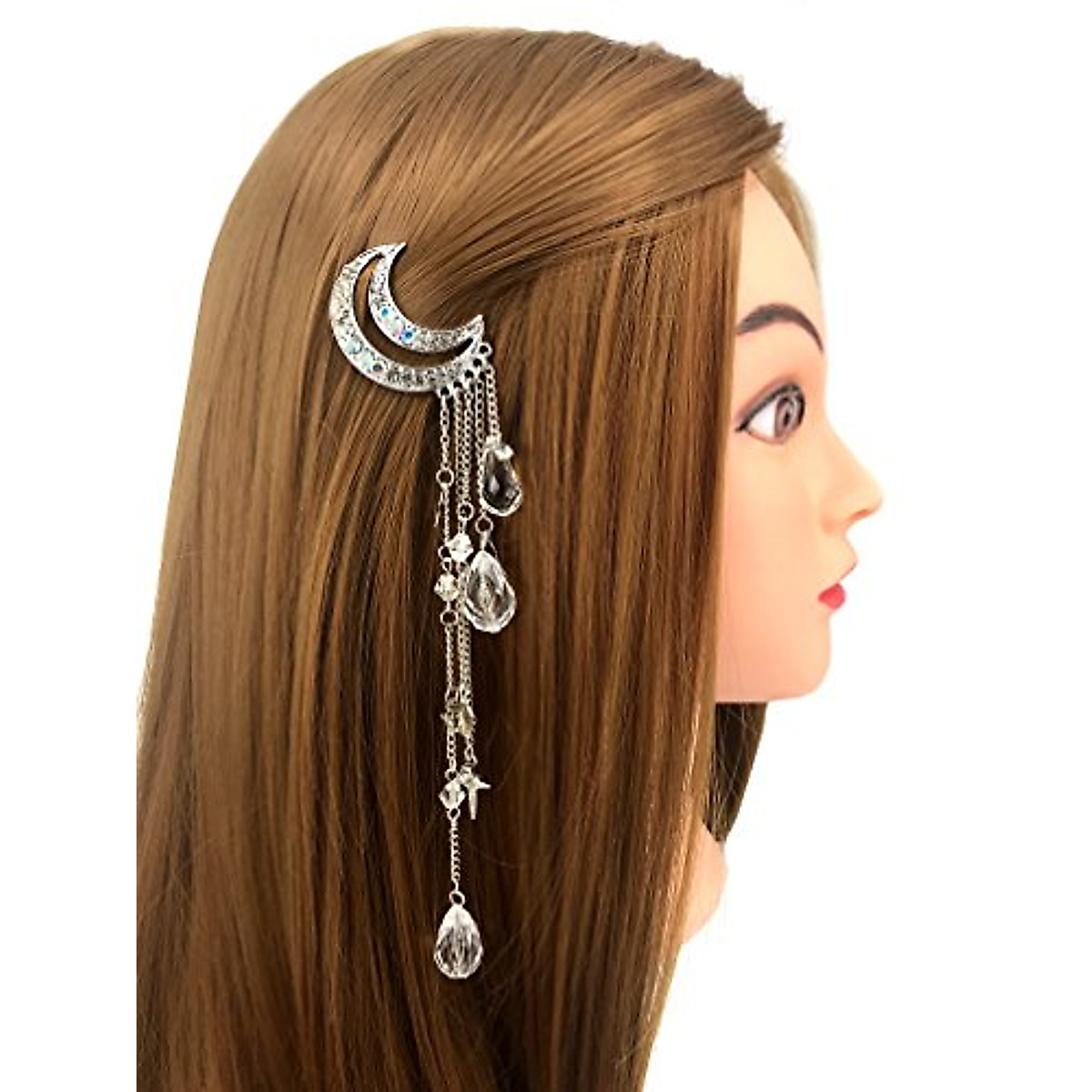 QTMY Moon Rhinestone Tassel with Crystal Beads Charms Hair Clip Pin Hair Chain Jewelry Hair Accessories (Silver)