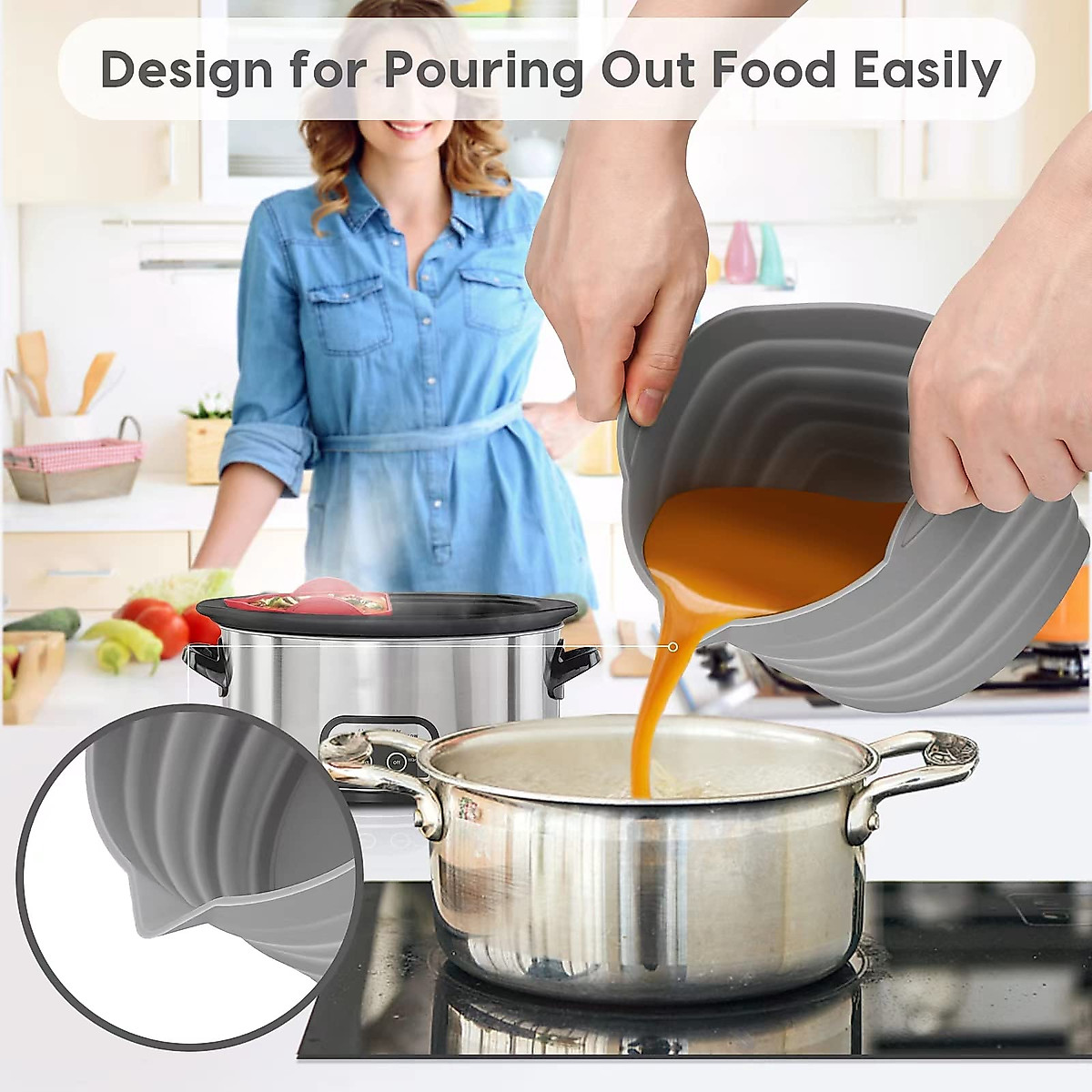 MMH Slow Cooker Divider Liner Fit for Crockpot & Hamilton Beach 6-7 Quart, Silicone Crock Pot Cooking Liners Inserts | Reusable & Leakproof | BPA Free | Dishwasher Safe | Red+Gray