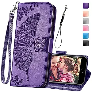 KRHGEIK Wallet Case for iPhone SE 2020/SE 2022/iPhone 8/iPhone 7,Women Butterfly Embossed PU Leather Stand Card Slots Wrist Strap Flip Folio Cover for iPhone 6/6S/7/8/SE 2nd/SE 3rd Gen (Purple)