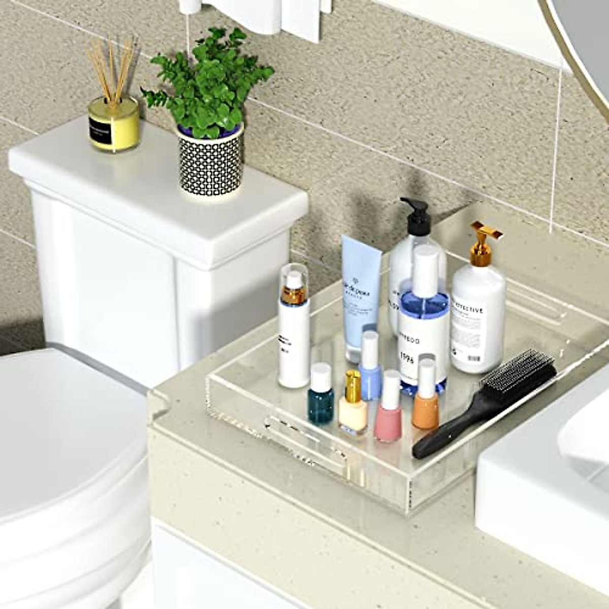 NIUBEE Clear Serving Tray 12x16 Inches -Spill Proof- Acrylic Decorative Tray Organiser for Ottoman Coffee Table Countertop with Handles