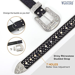 WERFORU Women Men Rhinestone Studded Western Leather Belt Ladies Vintage Bling Cowgirl Cowboy Waist Belt for Jeans Dress