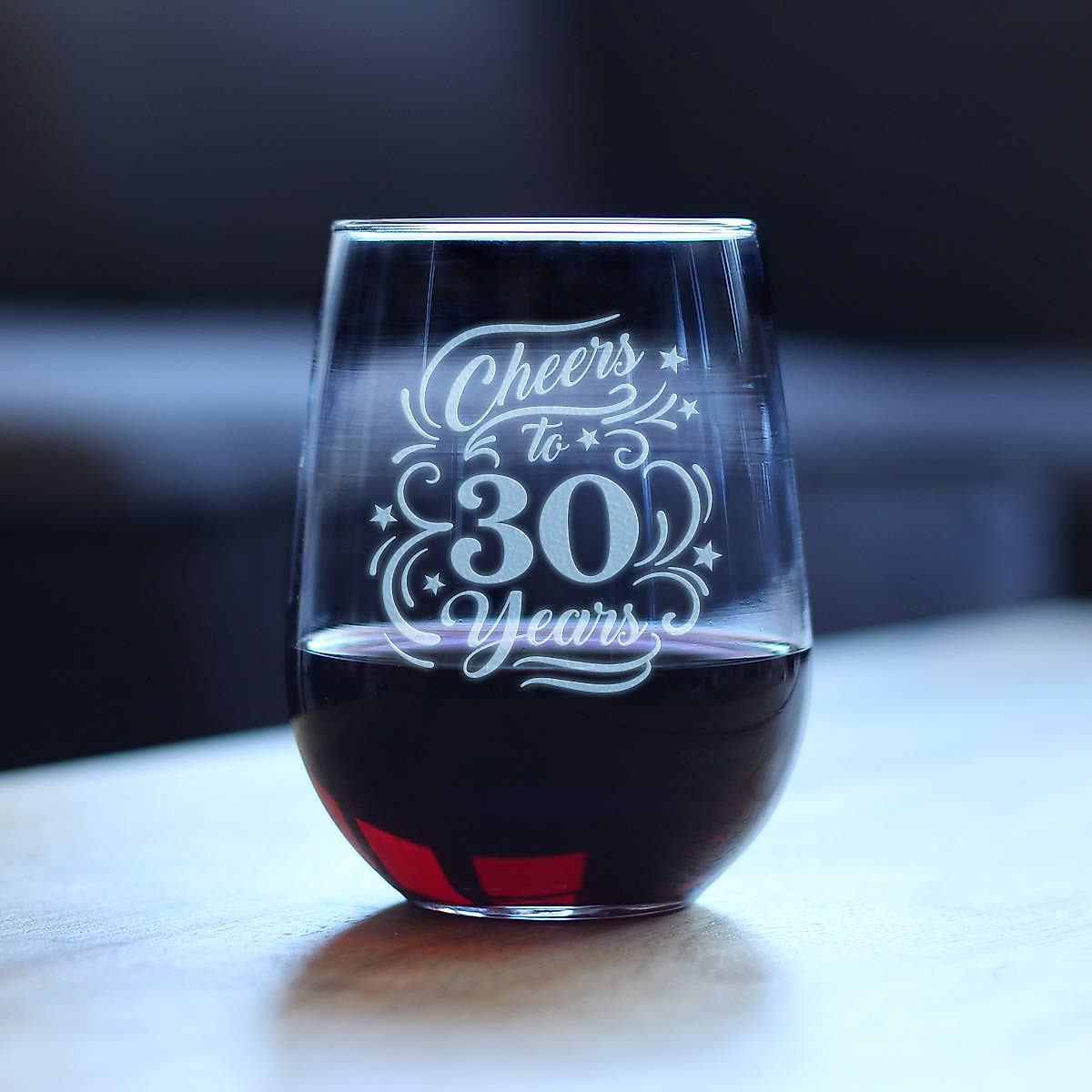Cheers to 30 Years - Stemless Wine Glass Gifts for Women & Men - 30th Anniversary or Birthday Party Decor - Large 17 Ounce Glasses