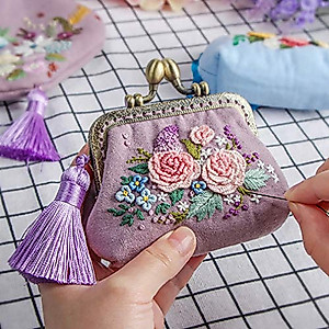 Firecolor DIY Coin Purse Flowers Embroidery Mini Retro Style Handmade Bag Cloth Material Package,Purple