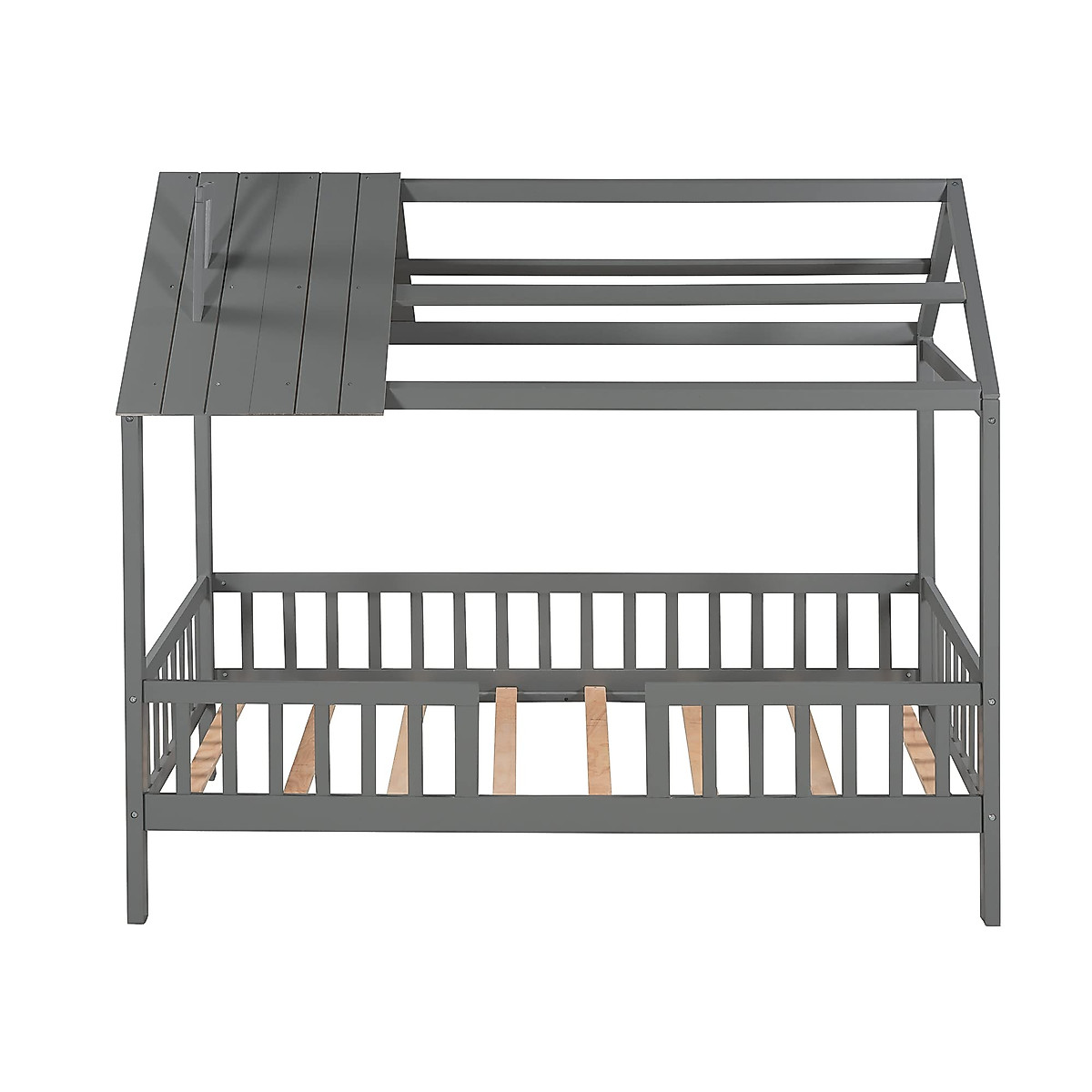 Bellemave Twin House Bed Kids Montessori Beds Playhouse Bed Tent Bed, Solid Wood Platform Bed Frame with Fence and Roof for Kids Teens Girls Boys (Gray), Gray (Roof)