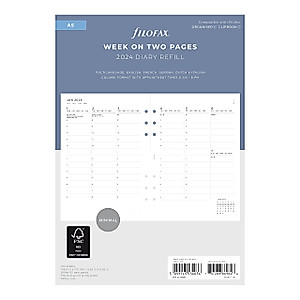 Filofax Calendar Diary Refill, A5 Size, Week-to-View with Appointments, Minimal Diary Pack, Vertical, White Paper, Multilingual: Five Languages, 2024 (C68593-24)