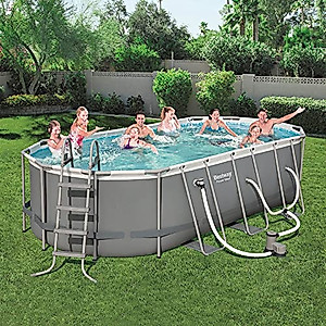 Bestway Power Steel 18' x 9' x 48" Oval Metal Frame Above Ground Outdoor Swimming Pool Set with 1500 GPH Filter Pump, Ladder, and Pool Cover