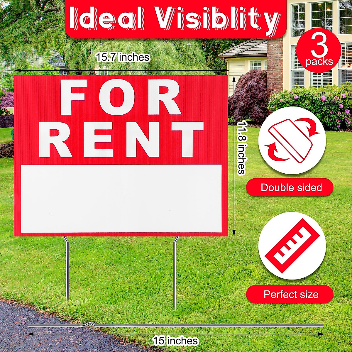 Ripeng 4 Pcs 17 x 13 Inch for Rent Sign with Stand Double Sided Corrugated Plastic Red White for Lease Sign with 8 Pcs Tall Iron Stands for Outdoor House Business Rental Car Apartment (17 x 13 Inch)