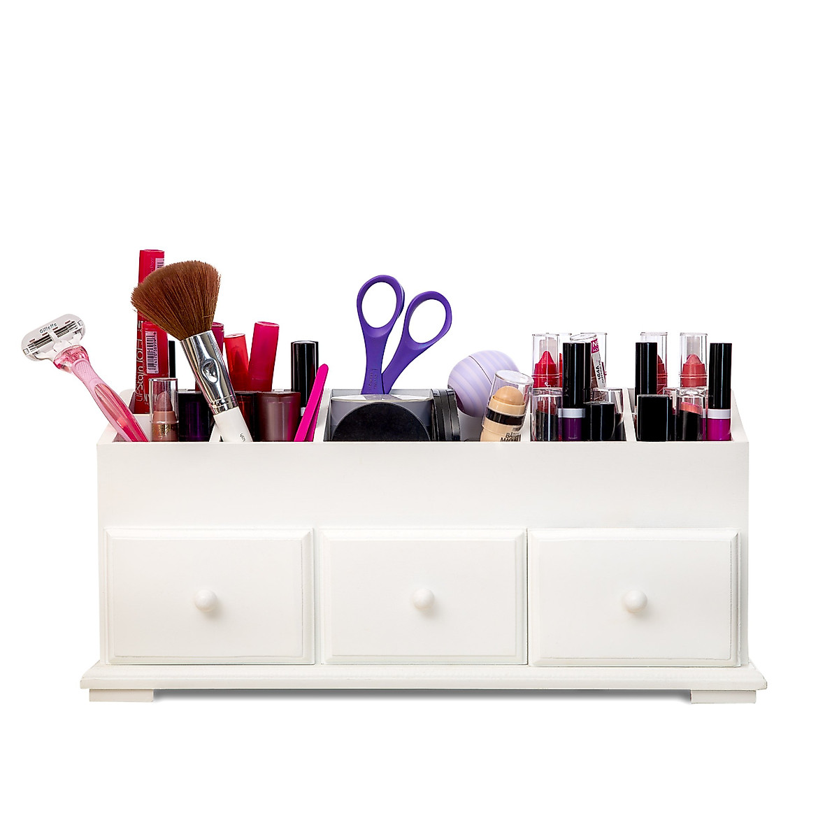 Makeup Organizer with Drawers, Wooden Cosmetic Beauty Storage Box for Home and Office Vanities, Countertop Organizer for Cosmetics and Makeup Tools, Vanity Holder for Lipstick Brushes Lotions, White