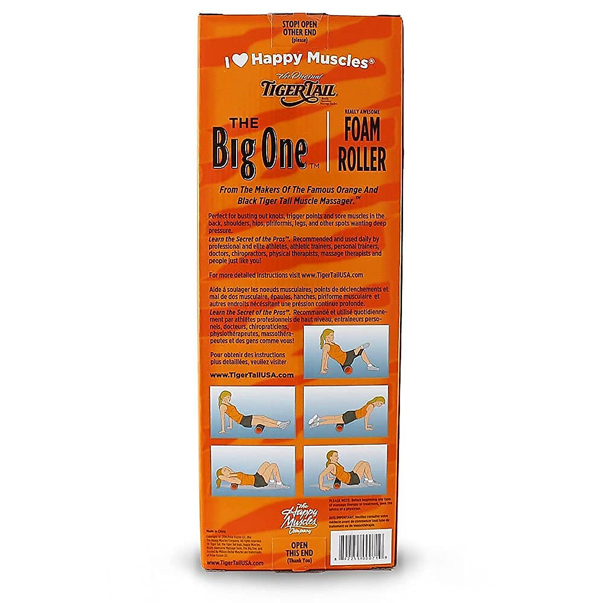 Tiger Tail Bundle: 18in Portable Massage Stick Portable Roller + The Big One Foam Roller + The Stretchy Tiger 80" Stretch/Yoga Strap + Happy Muscles Book