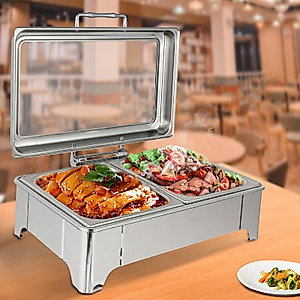 400W Stainless Steel Food Warmer Commercial Buffet Kitchen Chafing Dish with 2 Pans 9L Double Compartment Countertop Food Server Heater for Restaurant Hotels Catering Parties