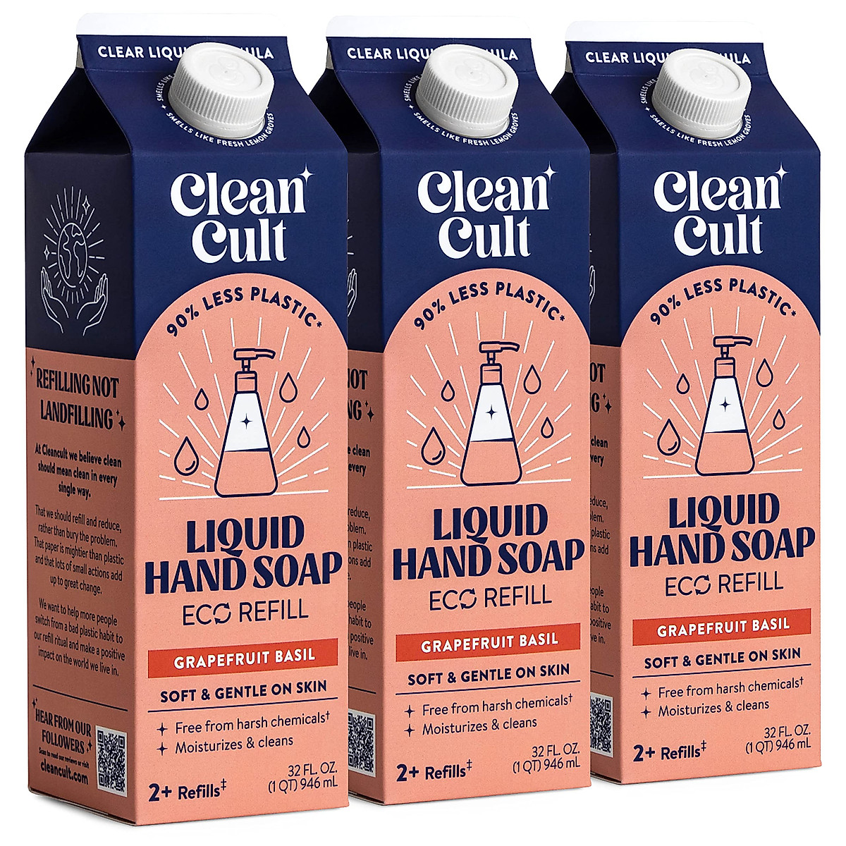 Cleancult Liquid Hand Soap Refills (32oz, 3 Pack) - Nourishes & Moisturizes - Free of Harsh Chemicals - Paper Based Eco Refill, Uses 90% Less Plastic - Grapefruit Basil