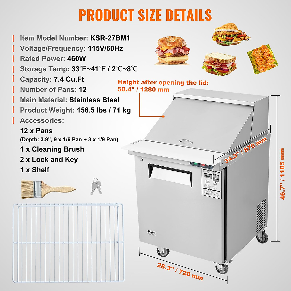 VEVOR 28" Commercial Refrigerator Sandwich & Salad Prep Table, 7.4 Cu. Ft Stainless Steel Refrigerated Food Prep Station with 12 Pans, Cut Board, Frost Free Refrigerator with Lock for Restaurant