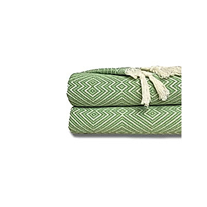 Wellstil Kaira | King Size Cotton Blanket • Vintage Turkish Throw Blankets for Sofa, Couch, Farmhouse and Home Decor • Boho Woven Bedspread • Cozy Breathable Bed Blanket 80x100 inches (Light Green)