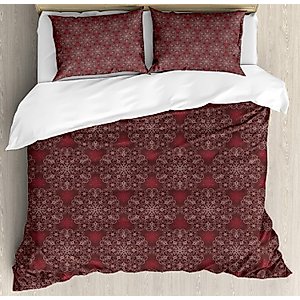 Ambesonne Maroon Duvet Cover Set, Detailed Ornate Flowers Curves Swirls Petals Dusky Victorian Garden, Decorative 3 Piece Bedding Set with 2 Pillow Shams, King Size, Burgundy Maroon