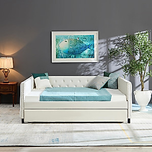 Royard Oaktree Daybed with Trundle Upgraded Velvet Upholstered Full Size Day Bed Button-Tufted Sofa Daybed Frame with Trundle, No Box Spring Needed, Furniture for Bedroom Living Room Guest Room, Beige