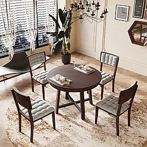 5-Piece Rustic Dining Table Set,42inch Round Dining Table with Cross Legs and Upholstered Dining Chairs for Small Places (Espresso/Rustic+R)