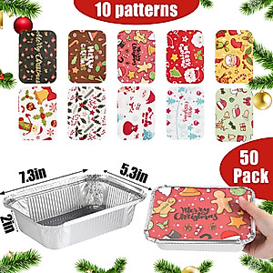 MADHOLLY 50Pack Christmas Cookie Tins with Lids- Heavy Duty Christmas Aluminum Pans with Lids Foil Treat Containers for Christmas Holiday Treats Cookie Exchange Gift Giving Leftovers, 10 Styles