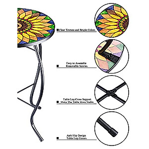 VCUTEKA Outdoor Side Table Mosaic End Table Patio Side Table Small End Table Glass Top Round Balcony Coffee Table Porch Indoor Glass Top