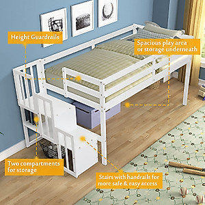 CITYLIGHT Low Loft Bed with Staircase,Twin Size Kids Loft Bed with Step Storage,Wood Loft Bed Frame Twin with Safety Guardrails for Girls, Boys,White