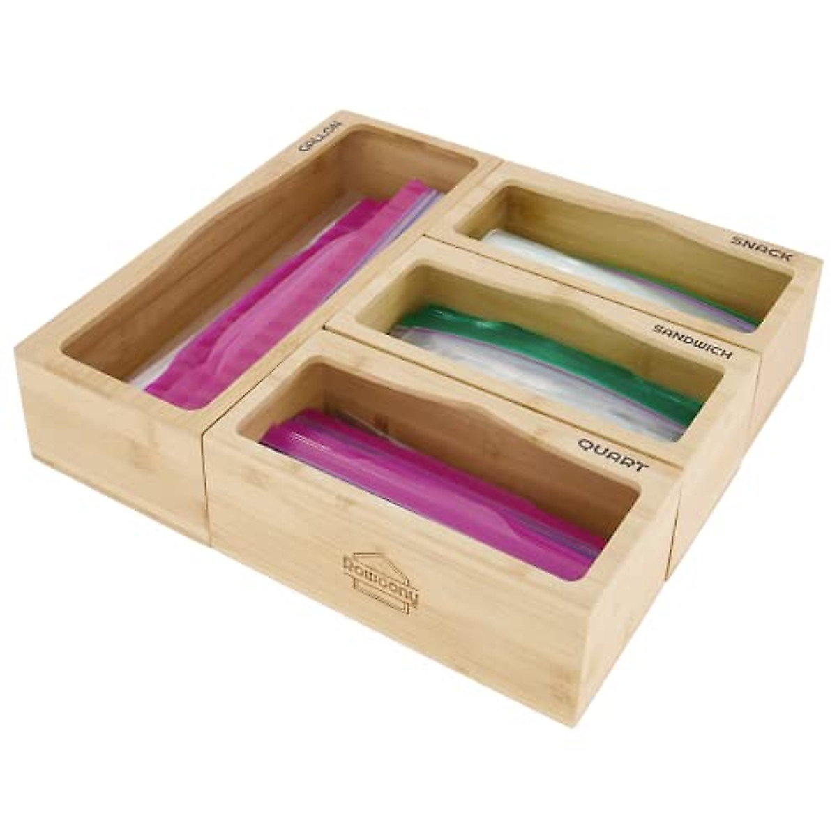 Rowoony - Ziplock Bag Storage Organizer for Kitchen Drawer - Bamboo Kitchen Organizer - Baggie Holder - Gallon, Quart, Sandwich and Snack Size (4Pack)