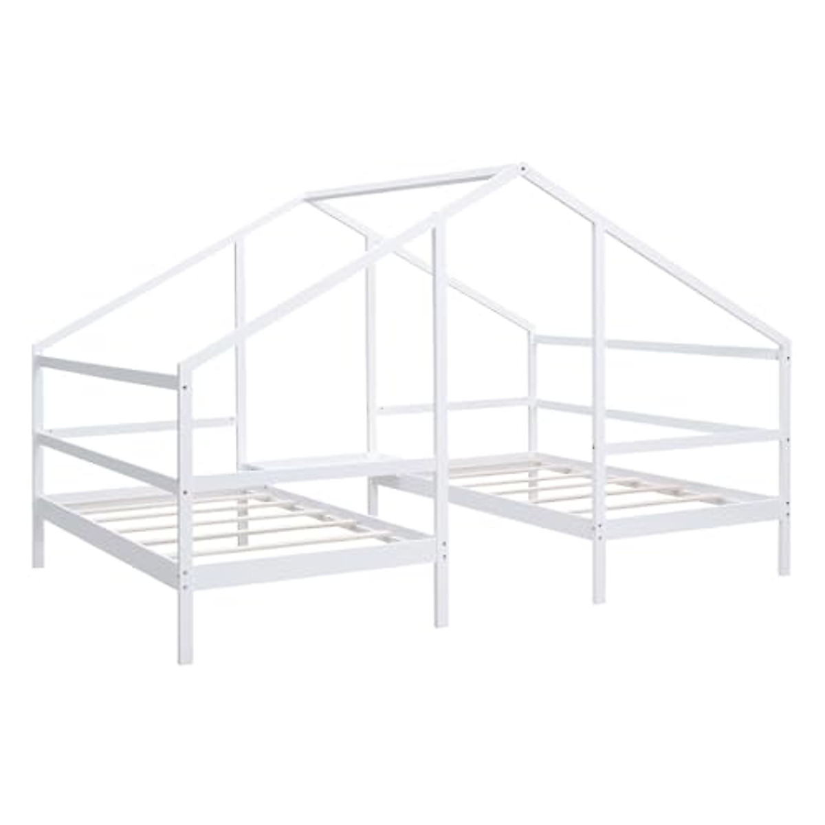 BOVZA Double Twin Size Triangular House Beds for Kids, Wood Bed Frame with Built-in Table, 2 Twin Platform Beds for Kids Teens, White