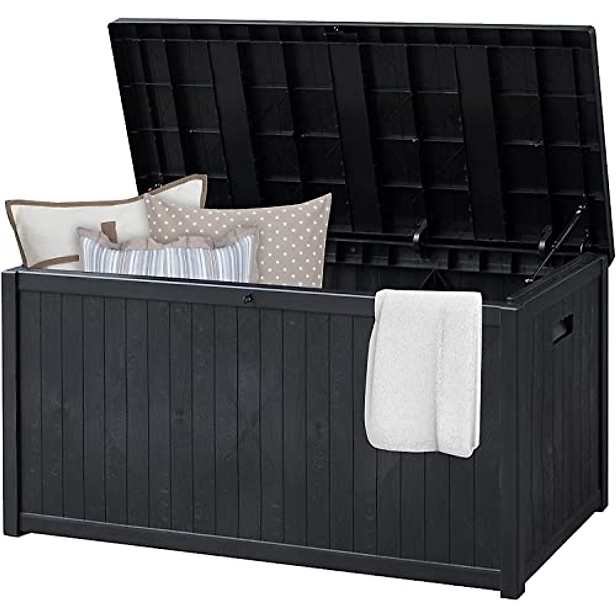 SUNVIVI OUTDOOR 120 Gallon Deck Storage Box with Hydraulic Hinge, Resin Patio Storage Bin with Lockable Lid, Waterproof Outside Storage Container for Cushions, Pool Supplies, Garden Tools, Black