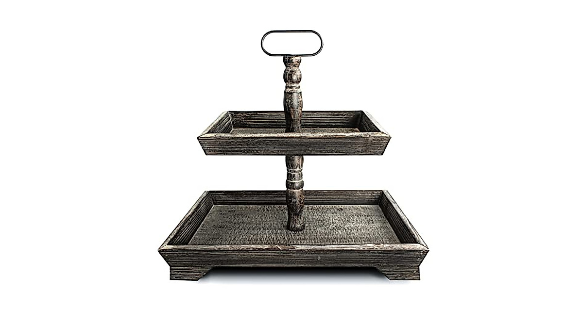 Farmhouse Decor 2 Tiered Tray - Rustic Wooden Stand for Home & Kitchen