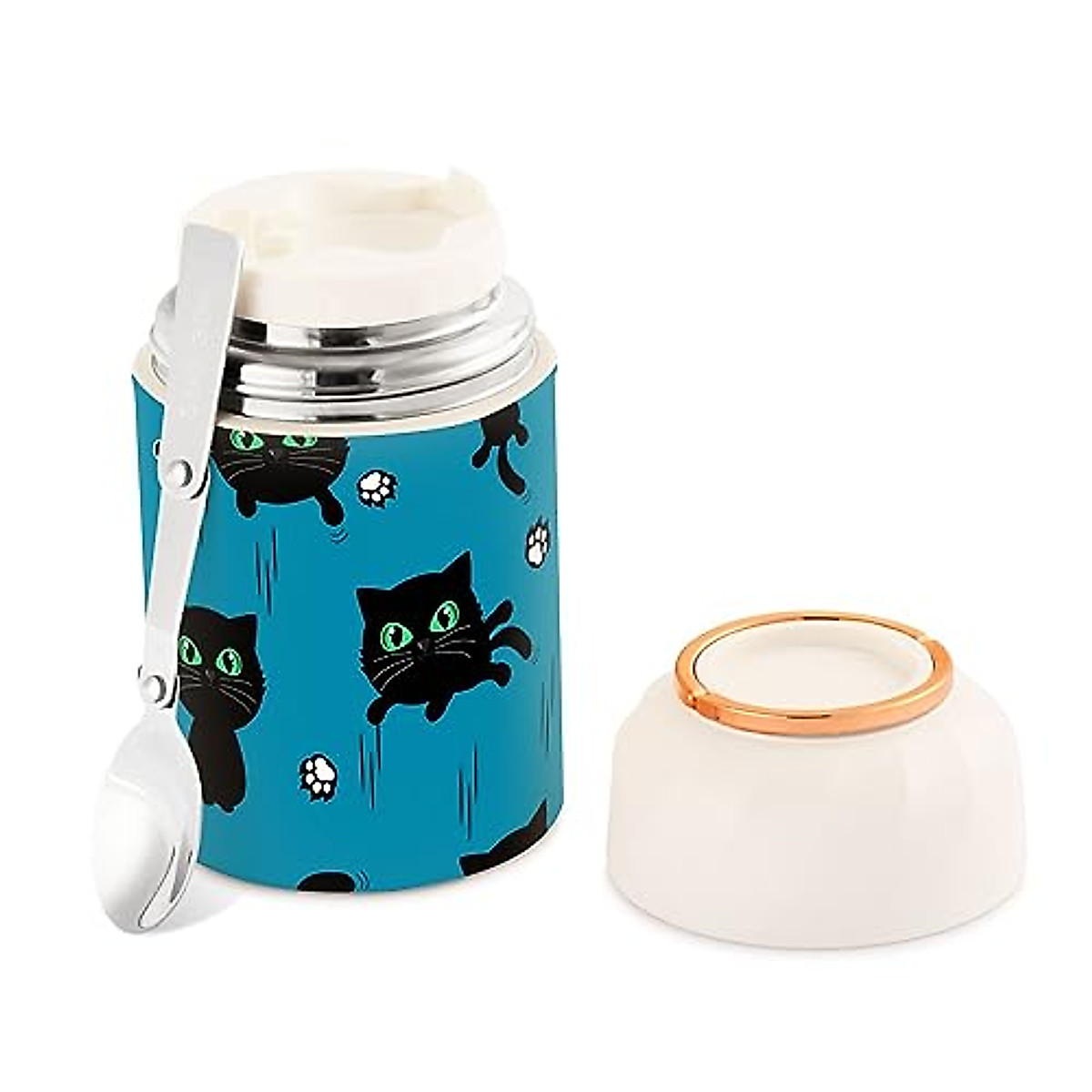 CUPADA Black Cat Kitten Cartoon Food Jar, Cute Claw Scratch Insulated Hot Food Jars Vacuum 17OZ with Folding Spoon for Work Trip Picnic Camping