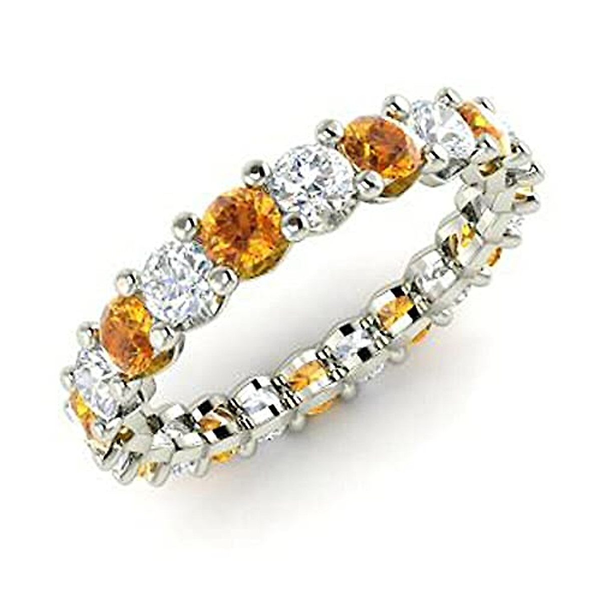 2 1/2 CT Round Shape Simulated Orange Citrine & White Cubic Zirconia Eternity Wedding Engagement Band Ring in 14K White Gold Plated 925 Sterling Silver (2.50 Cttw) Ring Size - 6