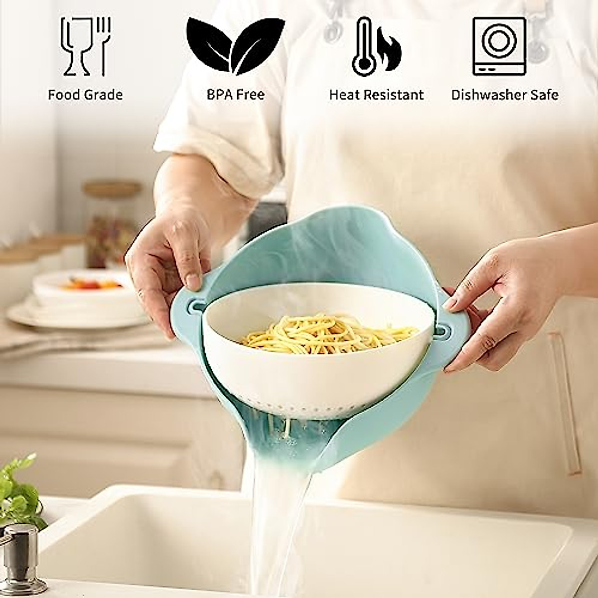 Pazash Double-layer Rotatable Colander, Heat-resisted Pasta Strainer, Food Level BPA Free Colanders and Strainers Bowls Set,2 Set Kitchen Draining Bowl Vegetable Washing Basket ，Aqua Sky and Green
