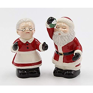 Fine Ceramic Kissing Santa & Mrs. Claus Under the Mistle Salt & Pepper Shakers Set, 3-3/8"