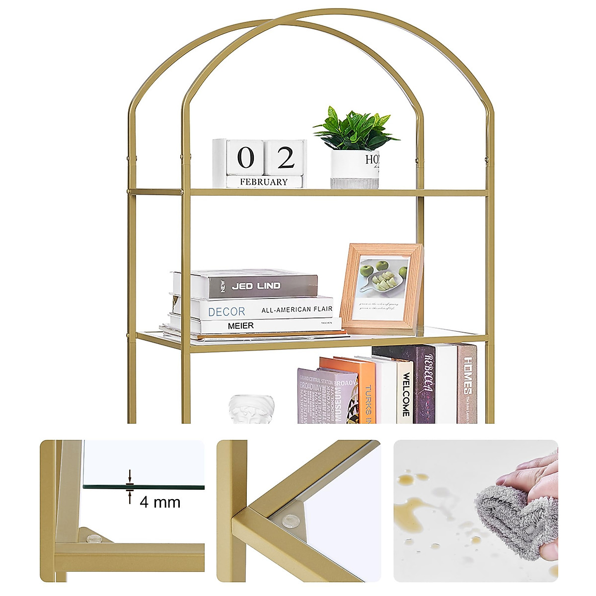 Homhedy 6-Tier Bookshelf Arched Display Racks, Metal Bookcase, Tempered Glass Shelves, Storage Rack Shelf for Home Office, Living Room, Bedroom, Bathroom, Modern Style, Golden